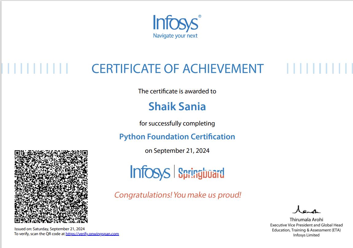 Shaik Sania on LinkedIn: #python #certification #infosys Shaik Sania on LinkedIn: #python #certification #infosys