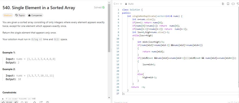 Day-53 of #100daysofcodechallenge: Single Element in sorted array ... Day-53 of #100daysofcodechallenge: Single Element in sorted array ...