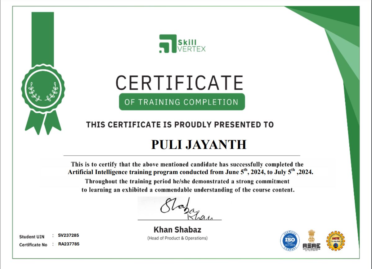 Jayanth Puli on LinkedIn: #skillvertex #ai #internship Jayanth Puli on LinkedIn: #skillvertex #ai #internship