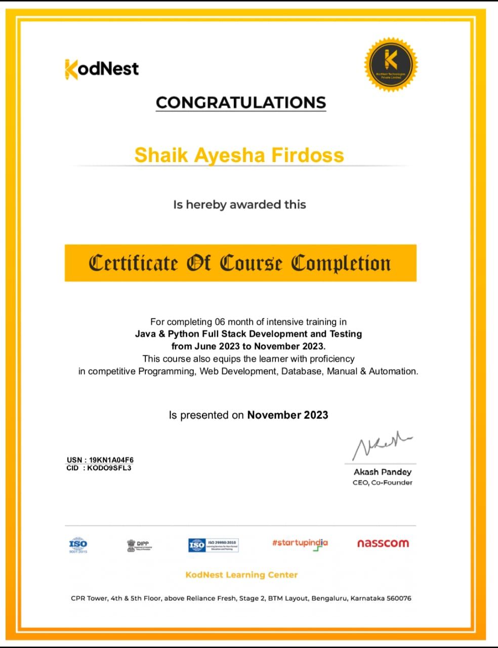 Shaik Ayesha Firdoss on LinkedIn: #kodnest Shaik Ayesha Firdoss on LinkedIn: #kodnest