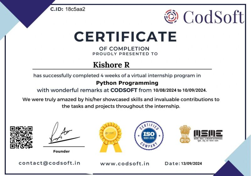 Kishore R on LinkedIn: #python #internship #codsoft #programming # ... Kishore R on LinkedIn: #python #internship #codsoft #programming # ...