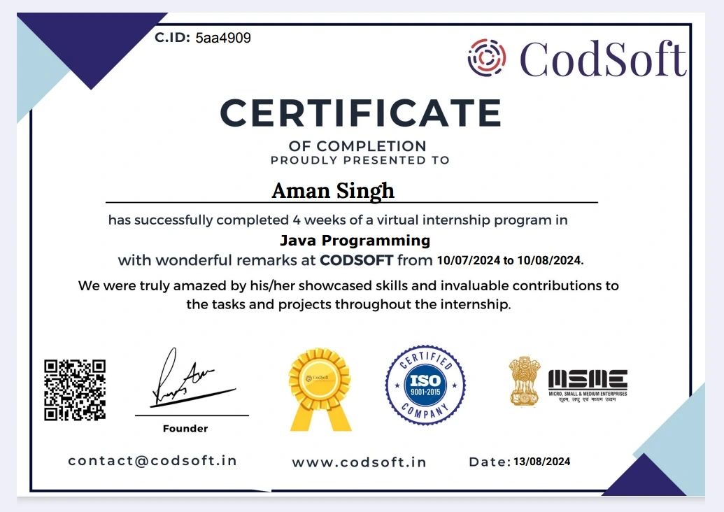 Aman Singh on LinkedIn: #codsoft #cip #javaintern #javadeveloper Aman Singh on LinkedIn: #codsoft #cip #javaintern #javadeveloper