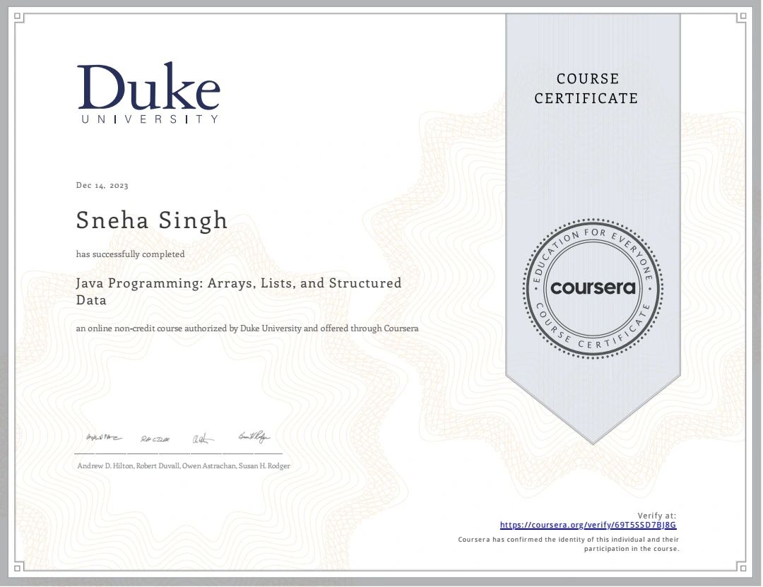 #javaprogramming #courseracertificate #continuouslearning | Sneha Singh #javaprogramming #courseracertificate #continuouslearning | Sneha Singh