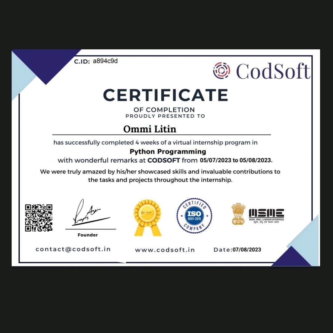 Litin Ommi on LinkedIn: #python #codsoft #codsoft #python #intern Litin Ommi on LinkedIn: #python #codsoft #codsoft #python #intern