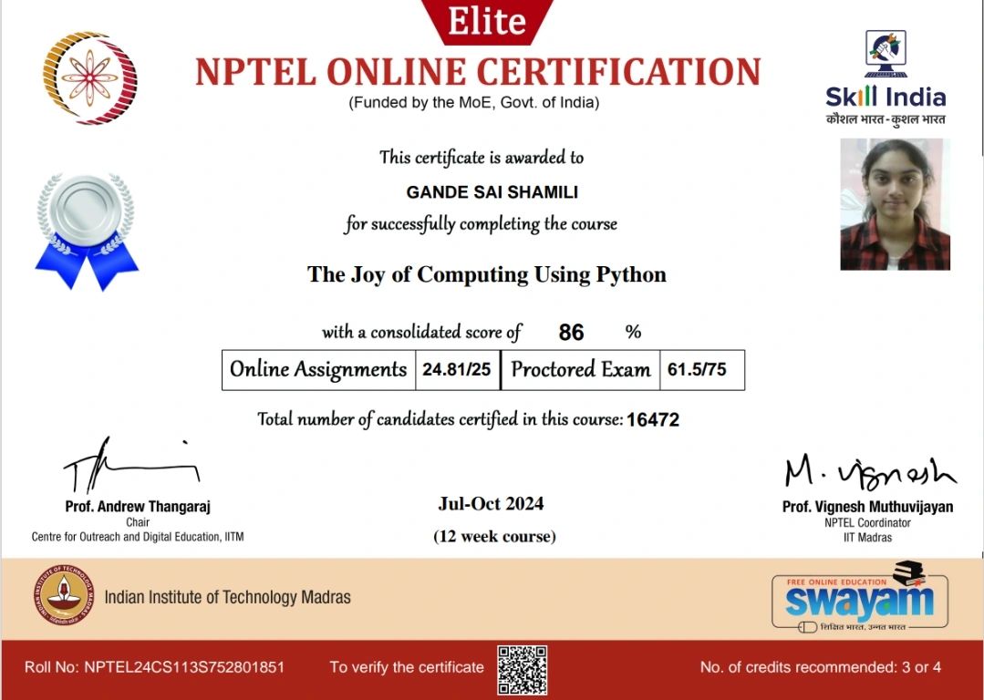 Shamili Gande on LinkedIn: #python #nptel #iitmadras #skillindia # ... Shamili Gande on LinkedIn: #python #nptel #iitmadras #skillindia # ...