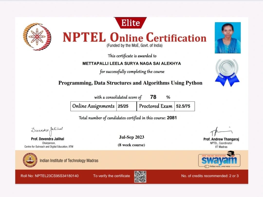 Alekhya Mettapalli on LinkedIn: #nptel #dsa #python #silverbadge Alekhya Mettapalli on LinkedIn: #nptel #dsa #python #silverbadge