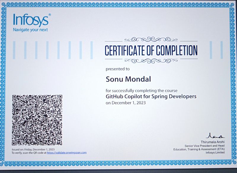 SONU MONDAL on LinkedIn: Another certificate Github Copilot for Spring ... SONU MONDAL on LinkedIn: Another certificate Github Copilot for Spring ...