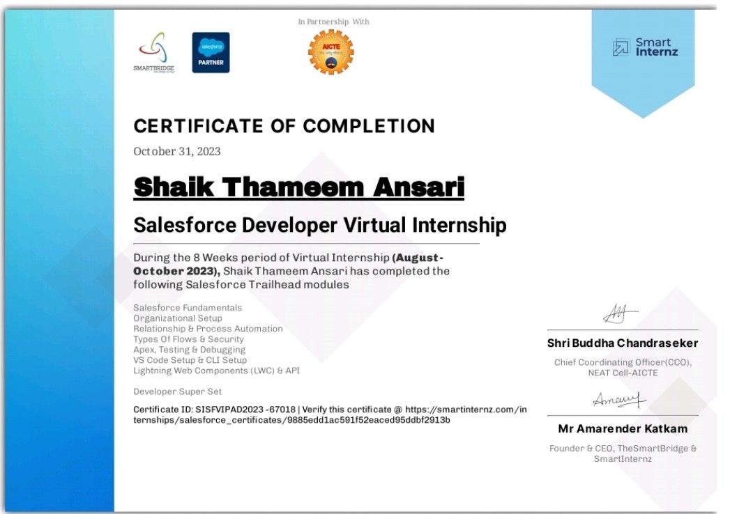 Thameem Ansari Shaik on LinkedIn: #smartinternz #salesforce Thameem Ansari Shaik on LinkedIn: #smartinternz #salesforce
