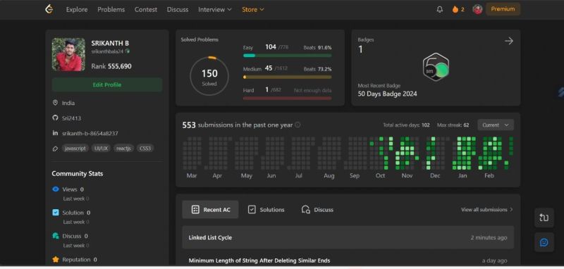 #leetcode #codingmilestone #achievementunlocked | SRIKANTH B #leetcode #codingmilestone #achievementunlocked | SRIKANTH B