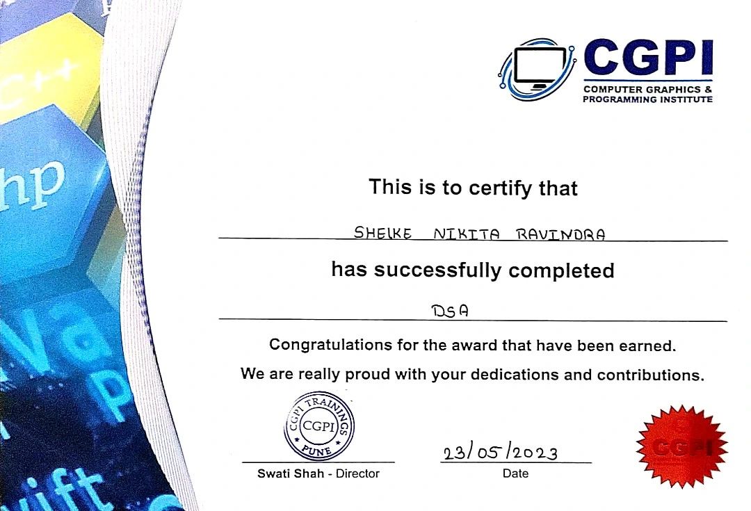 Nikita shelke on LinkedIn: #dsa #certification #codingskills Nikita shelke on LinkedIn: #dsa #certification #codingskills