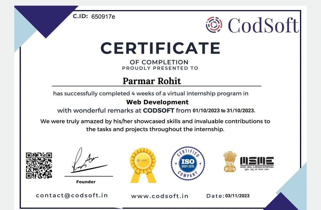 Rohit Parmar on LinkedIn: #webdevelopment #codsoft #codsoftinternship Rohit Parmar on LinkedIn: #webdevelopment #codsoft #codsoftinternship