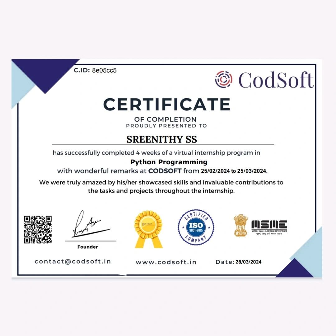 Sreenithy SS on LinkedIn: #codsoft #cip Sreenithy SS on LinkedIn: #codsoft #cip