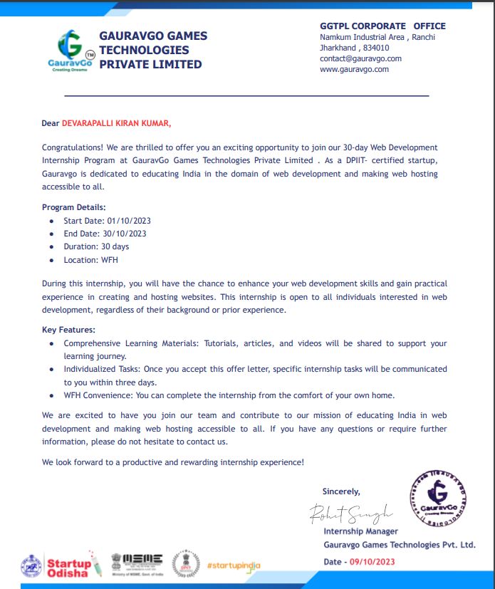 KIRAN KUMAR DEVARAPALLI on LinkedIn: Gauravgo Technologies offer letter ... KIRAN KUMAR DEVARAPALLI on LinkedIn: Gauravgo Technologies offer letter ...