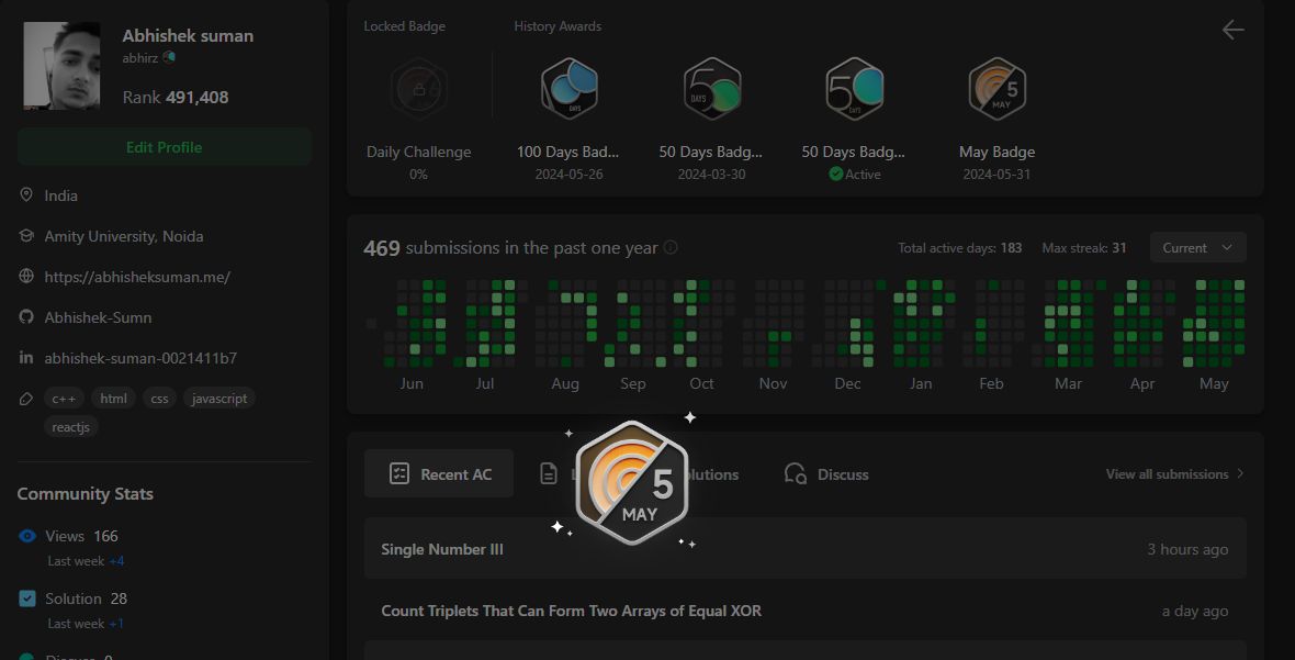 Abhishek Suman on LinkedIn: The LeetCode May badge taught me a lot: - I ... Abhishek Suman on LinkedIn: The LeetCode May badge taught me a lot: - I ...