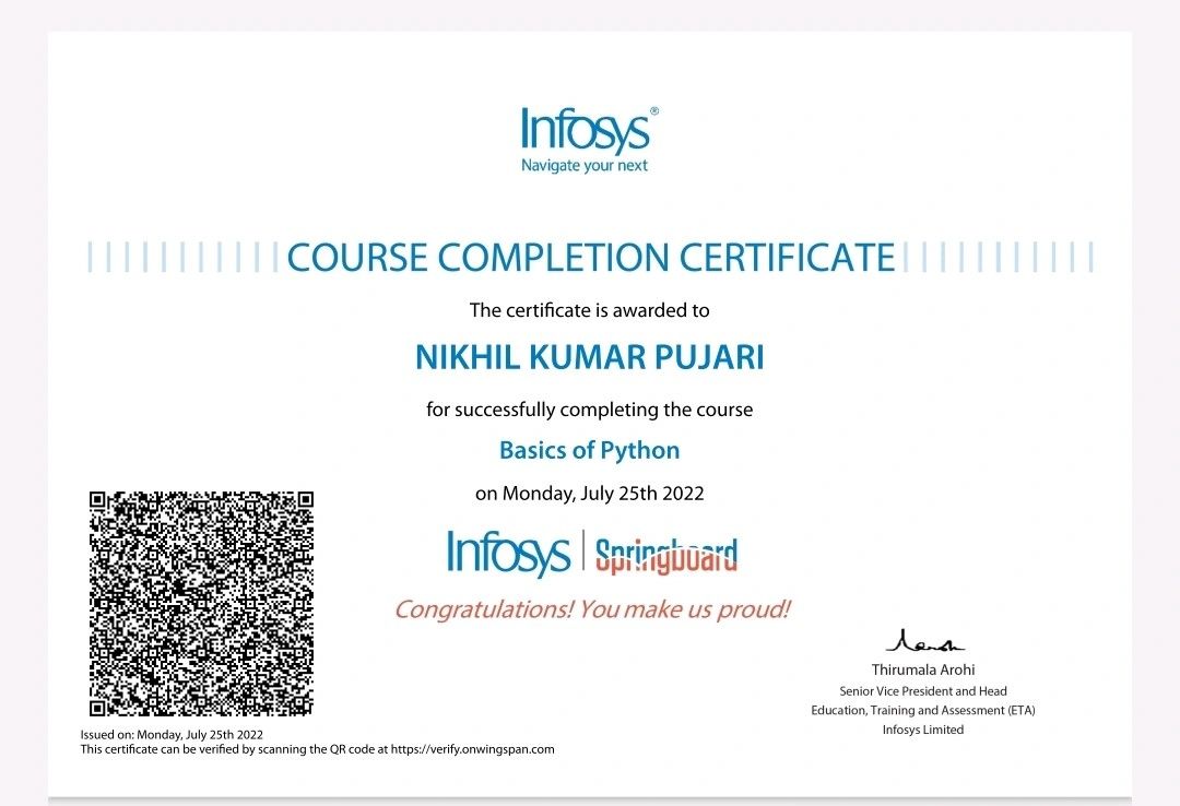 I have completed the Python (Basic) Skills Certification from Infosys 🥳 ... I have completed the Python (Basic) Skills Certification from Infosys 🥳 ...