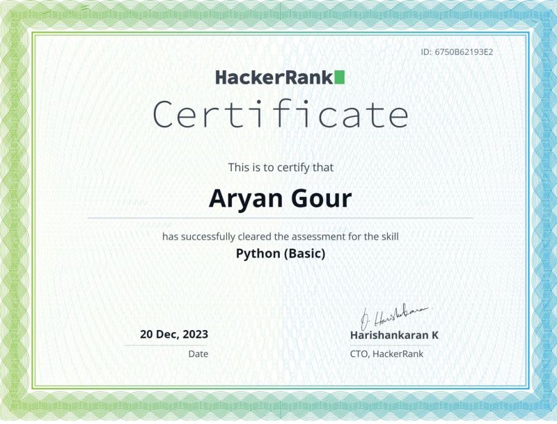 Aryan Gour on LinkedIn: #certification #python #hackerrank # ... Aryan Gour on LinkedIn: #certification #python #hackerrank # ...