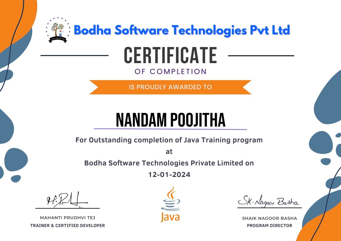 Finished Java course at Bodha Software Technologies | Nandam Poojitha ... Finished Java course at Bodha Software Technologies | Nandam Poojitha ...