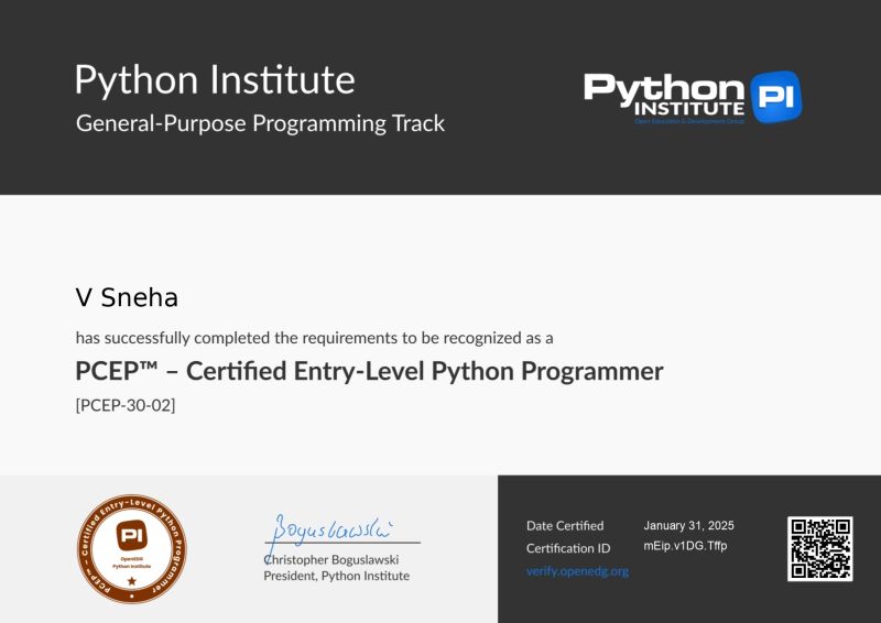 #pecp #python #certification #continuouslearning | Sneha V #pecp #python #certification #continuouslearning | Sneha V
