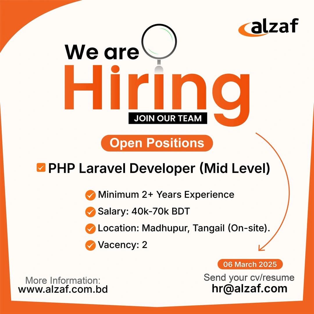 Position: PHP Laravel Developer (Mid Level) Location: Madhupur ... Position: PHP Laravel Developer (Mid Level) Location: Madhupur ...