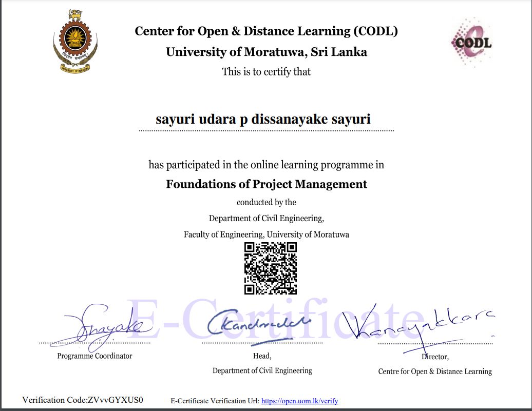 University of Moratuwa I completed in foundations of project management ... University of Moratuwa I completed in foundations of project management ...