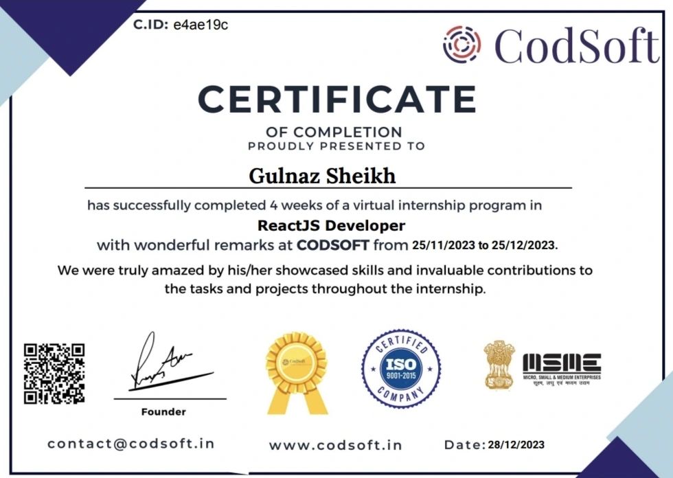 Gulnaz S. on LinkedIn: #codsoft #reactjs #codsoft #internship #certificate Gulnaz S. on LinkedIn: #codsoft #reactjs #codsoft #internship #certificate
