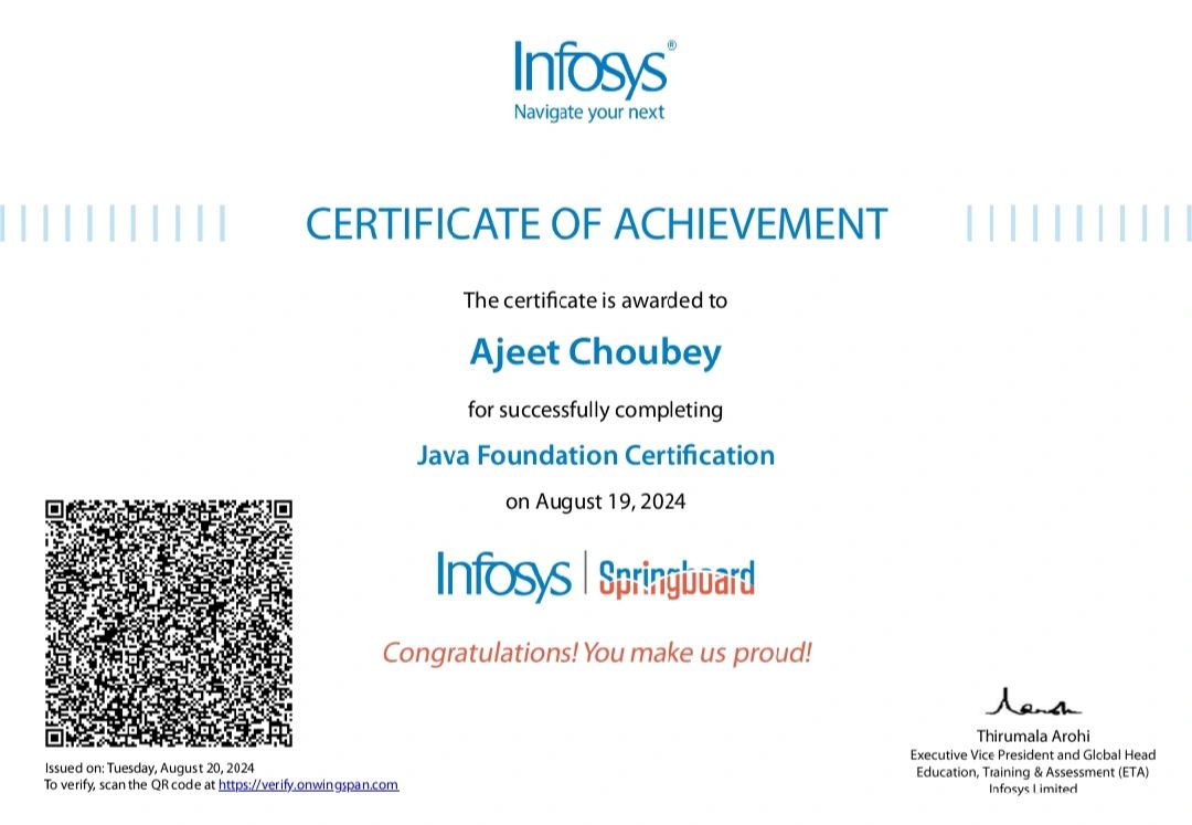 Ajeet Choubey on LinkedIn: #infosysspringboard #certification #java Ajeet Choubey on LinkedIn: #infosysspringboard #certification #java