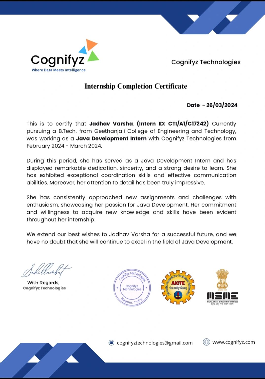 JADHAV VARSHA on LinkedIn: #cognifyz #congnifyz #internshipcompletion # ... JADHAV VARSHA on LinkedIn: #cognifyz #congnifyz #internshipcompletion # ...