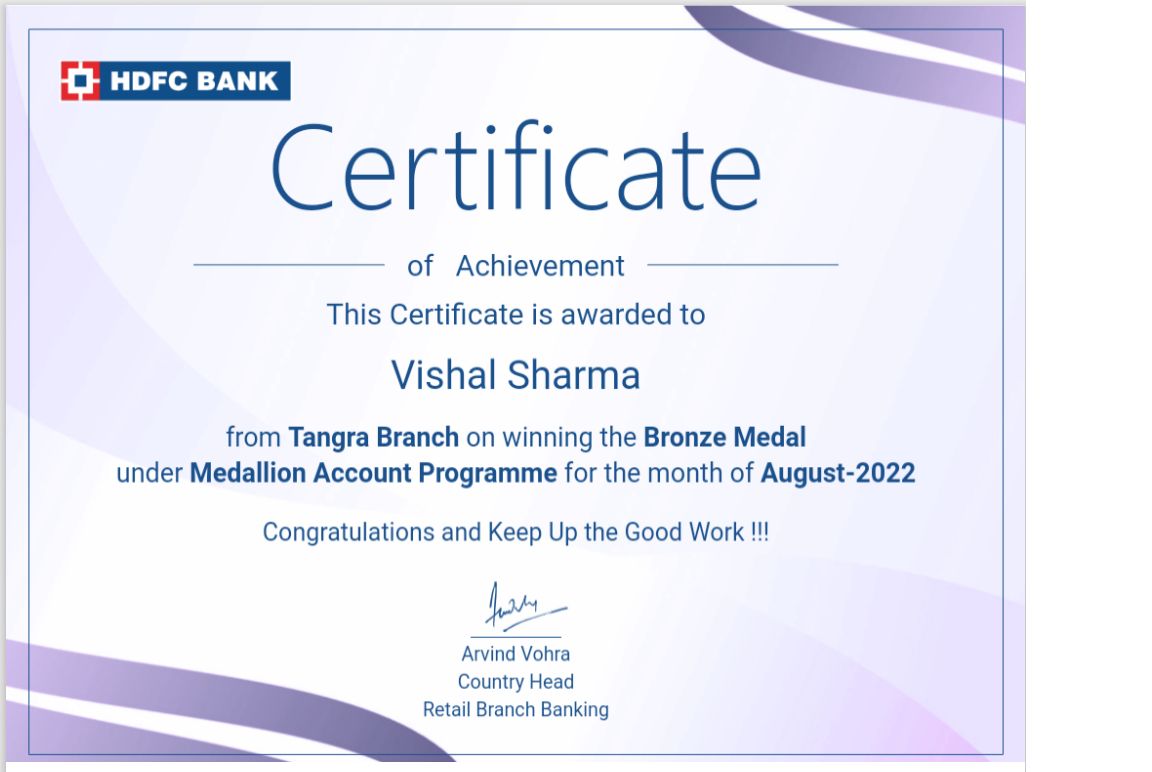 Vishal Sharma on LinkedIn: HDFC BANK CERTIFICATE OF ACHIEVEMENT Vishal Sharma on LinkedIn: HDFC BANK CERTIFICATE OF ACHIEVEMENT