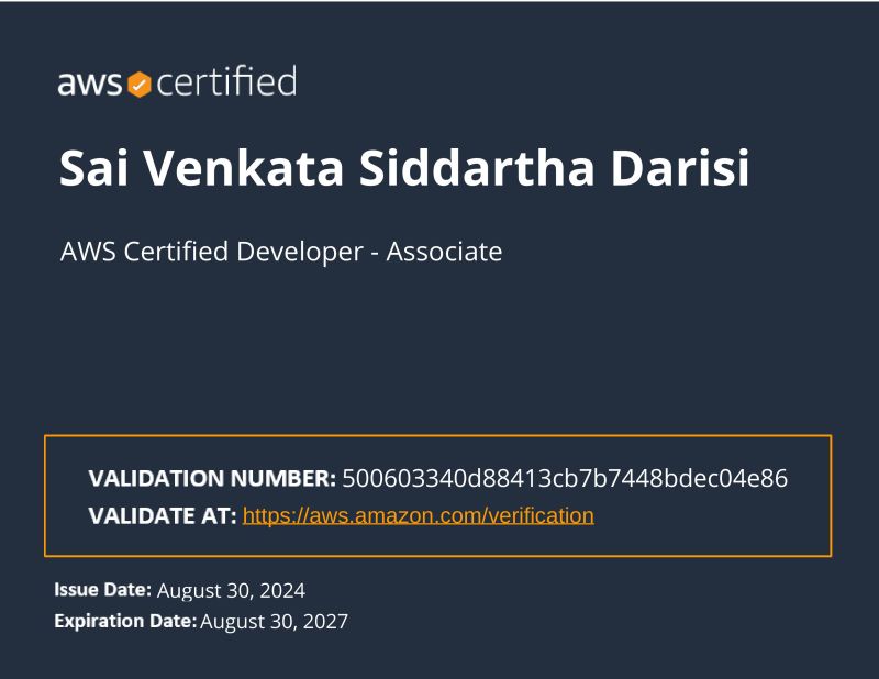 Siddartha Darisi, MS on LinkedIn: #aws #certification #clouddevelopment Siddartha Darisi, MS on LinkedIn: #aws #certification #clouddevelopment
