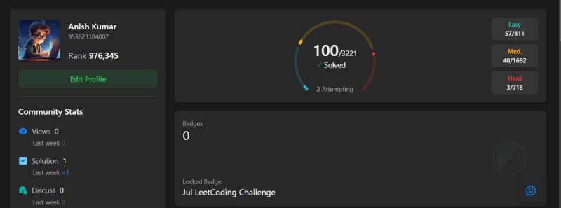 Anish Kumar on LinkedIn: Achieved my another milestone 💥 Solved 100 ... Anish Kumar on LinkedIn: Achieved my another milestone 💥 Solved 100 ...