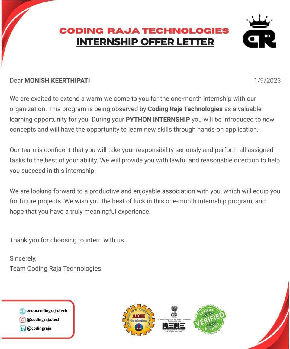 Monish Keerthipati on LinkedIn: #codingraja #python #internship Monish Keerthipati on LinkedIn: #codingraja #python #internship
