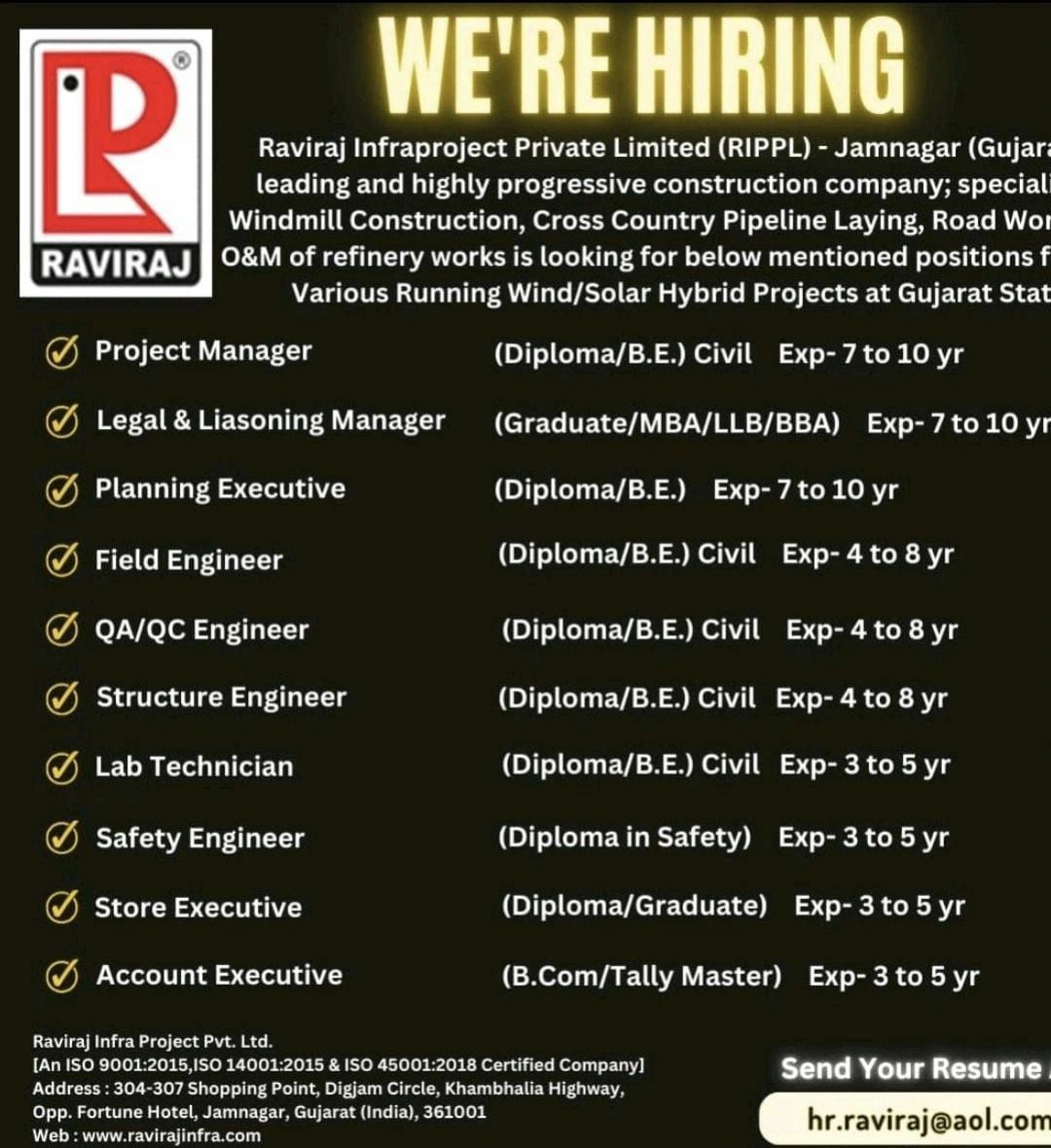 Prem Kumar Patel on LinkedIn: Raviraj Infraproject Pvt Ltd send your cv ... Prem Kumar Patel on LinkedIn: Raviraj Infraproject Pvt Ltd send your cv ...