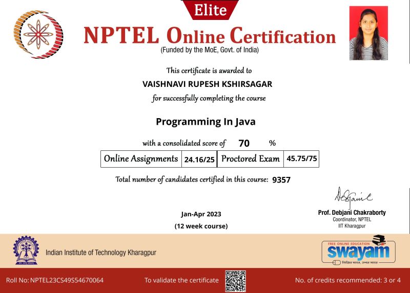 Completed Java course by NPTEL | Vaishnavi Kshirsagar posted on the ... Completed Java course by NPTEL | Vaishnavi Kshirsagar posted on the ...