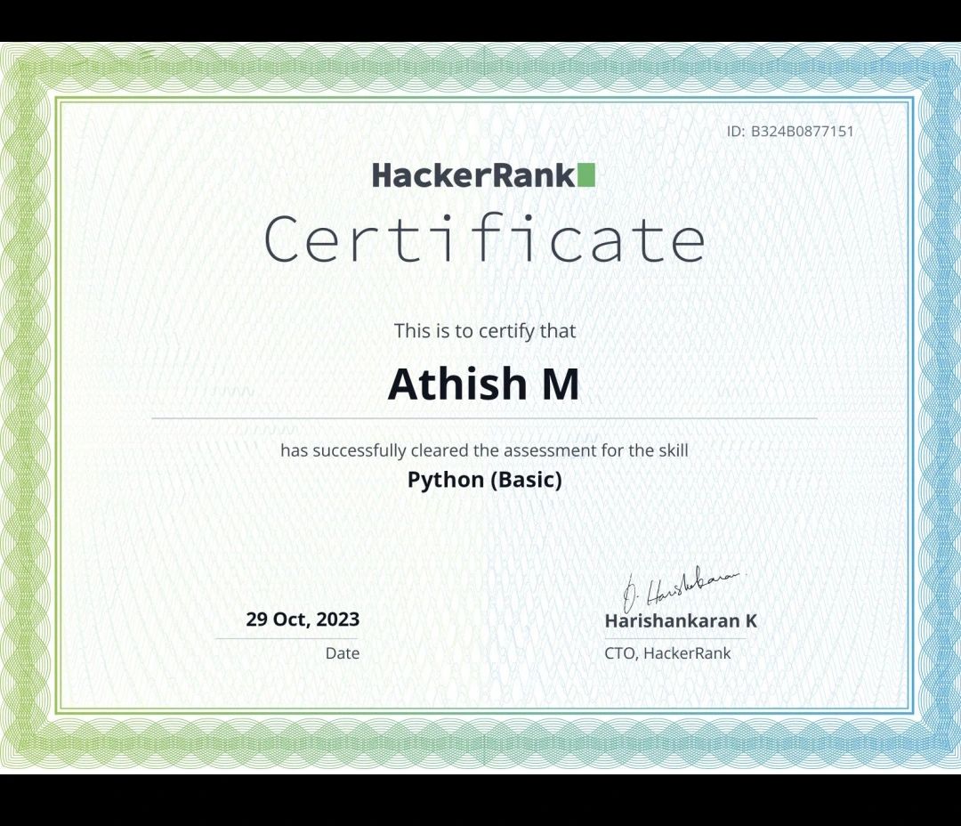 Athish .M on LinkedIn: #pythoncertification #hackerrank #pythonbasics Athish .M on LinkedIn: #pythoncertification #hackerrank #pythonbasics