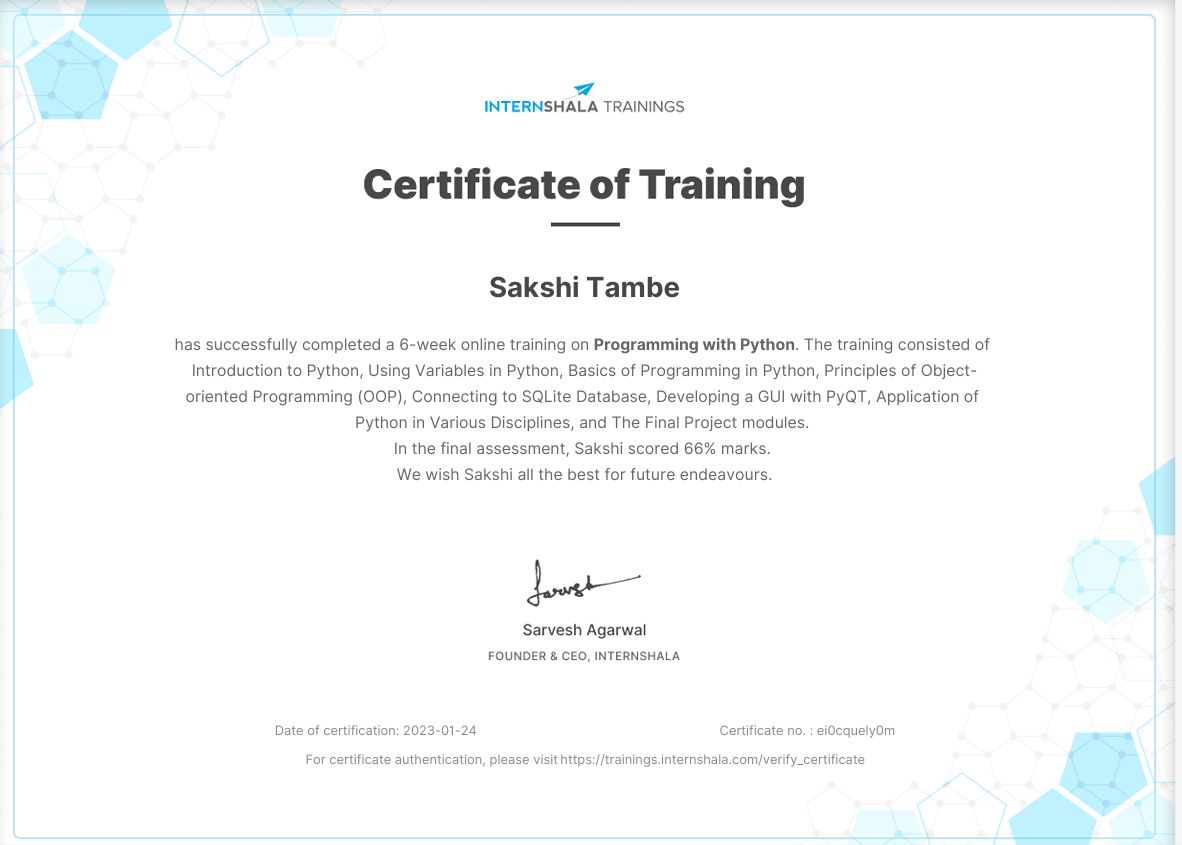 Sakshi Tambe on LinkedIn: #python #programming #certification # ... Sakshi Tambe on LinkedIn: #python #programming #certification # ...