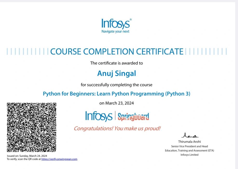 Anuj Singal on LinkedIn: #python #infosysspringboard #continuouslearning Anuj Singal on LinkedIn: #python #infosysspringboard #continuouslearning