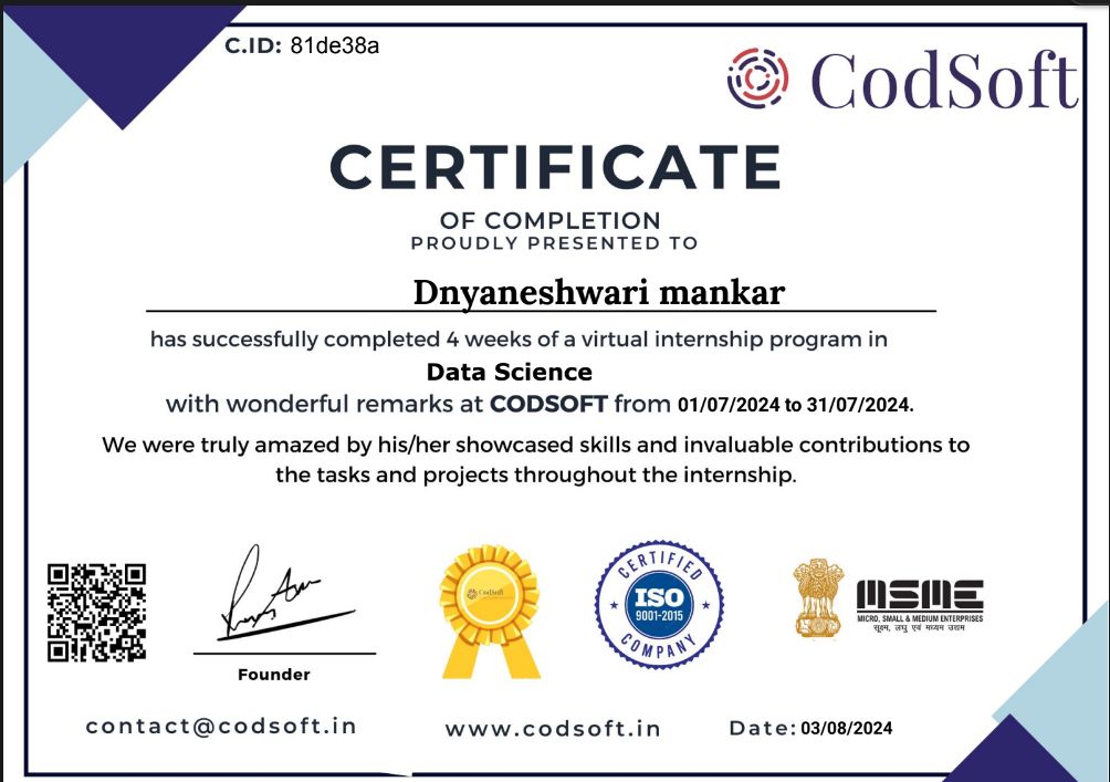 Dnyaneshwari Mankar on LinkedIn: #internship #codsoft #datascience Dnyaneshwari Mankar on LinkedIn: #internship #codsoft #datascience