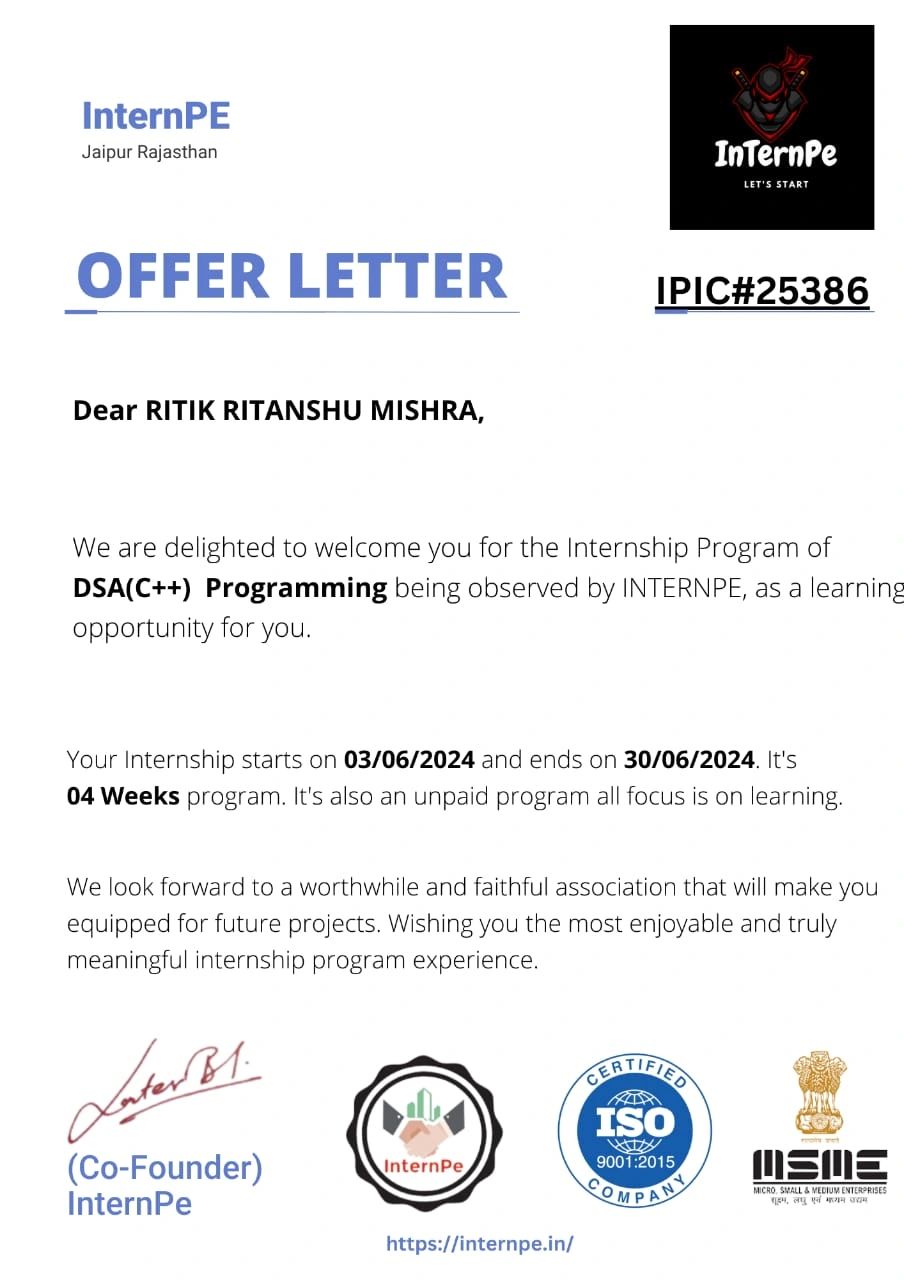 Ritik Ritanshu Mishra on LinkedIn: #internpe #dsa #cpp Ritik Ritanshu Mishra on LinkedIn: #internpe #dsa #cpp