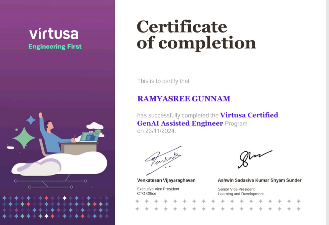 Gunnam Ramyasree on LinkedIn: Virtusa Certified GenAI Assisted Engineer 🥳 Gunnam Ramyasree on LinkedIn: Virtusa Certified GenAI Assisted Engineer 🥳