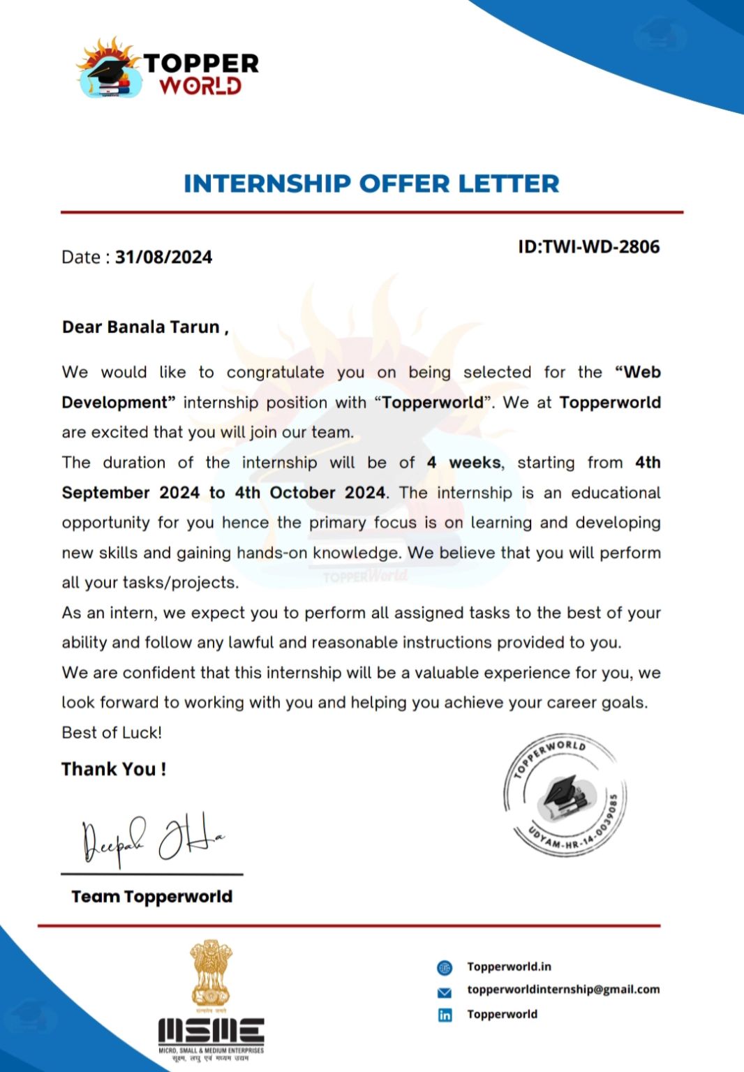 Tarun Banala on LinkedIn: #topperworldinternship Tarun Banala on LinkedIn: #topperworldinternship