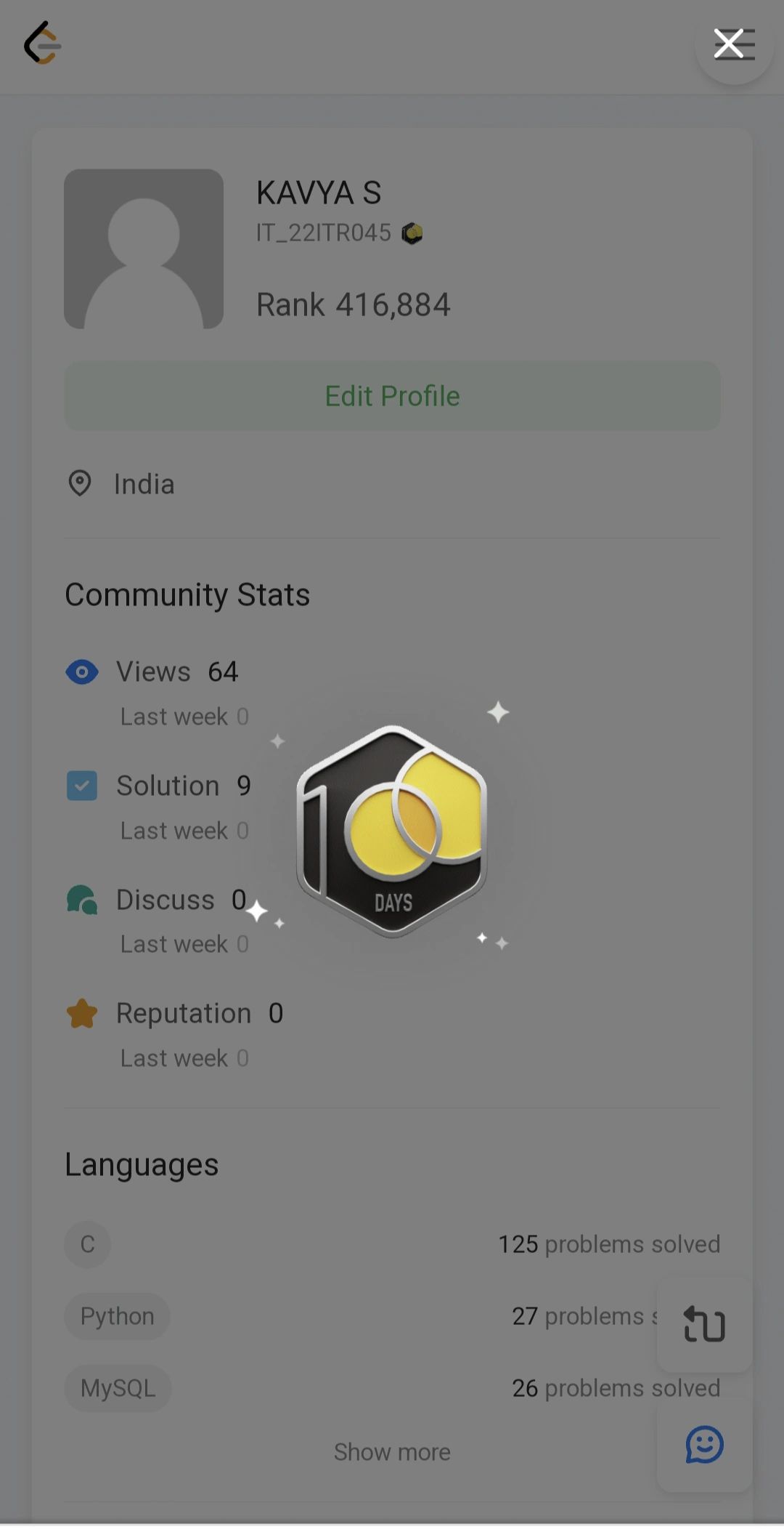 Kavya S on LinkedIn: #100dayaccomplishment #leetcode Kavya S on LinkedIn: #100dayaccomplishment #leetcode