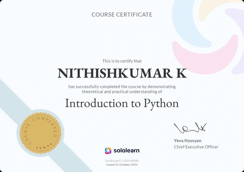 NithishKumar K on LinkedIn: completed Introduction to python ... NithishKumar K on LinkedIn: completed Introduction to python ...