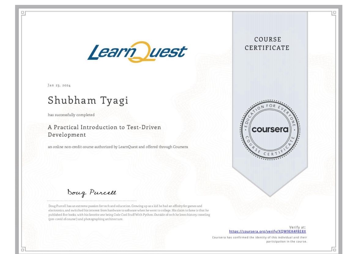 Shubham Tyagi on LinkedIn: Test Driven Development Course Completed Shubham Tyagi on LinkedIn: Test Driven Development Course Completed