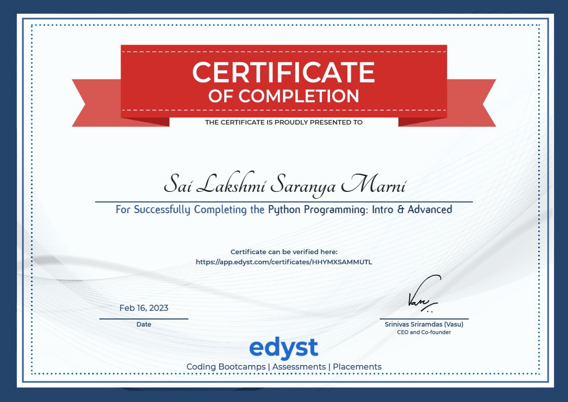 Completed Python Programming: Intro and Advanced | Sai Lakshmi Saranya ... Completed Python Programming: Intro and Advanced | Sai Lakshmi Saranya ...