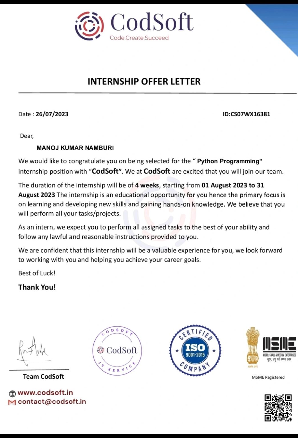 MANOJ KUMAR on LinkedIn: #intern #codsoft MANOJ KUMAR on LinkedIn: #intern #codsoft