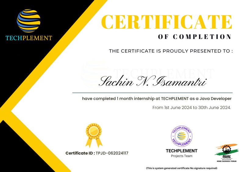 Sachin Isamantri on LinkedIn: #techplement #internship #java Sachin Isamantri on LinkedIn: #techplement #internship #java