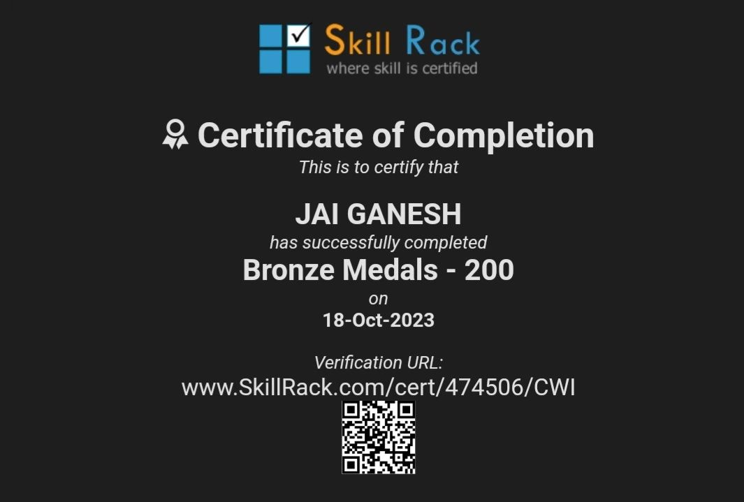Finished 200 medals in coding with Skillrack | JAI GANESH K posted on ... Finished 200 medals in coding with Skillrack | JAI GANESH K posted on ...