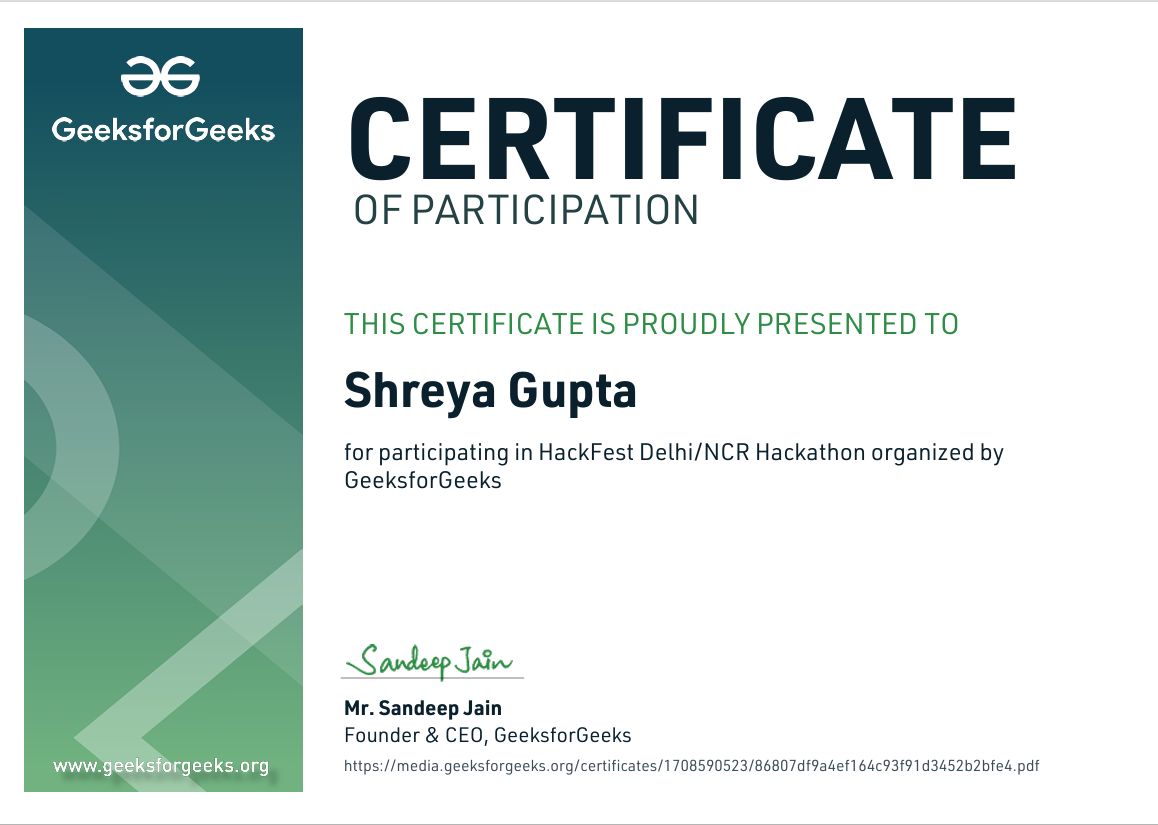Shreya Gupta on LinkedIn: #gfg #hackathon #achievementunlocked Shreya Gupta on LinkedIn: #gfg #hackathon #achievementunlocked