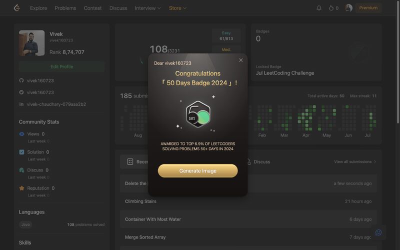 Earned 50 Days Badge on LeetCode! | Vivek Chaudhary posted on the topic ... Earned 50 Days Badge on LeetCode! | Vivek Chaudhary posted on the topic ...