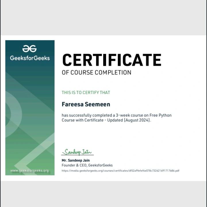 Fareesa Seemeen on LinkedIn: #python #programming #certification # ... Fareesa Seemeen on LinkedIn: #python #programming #certification # ...